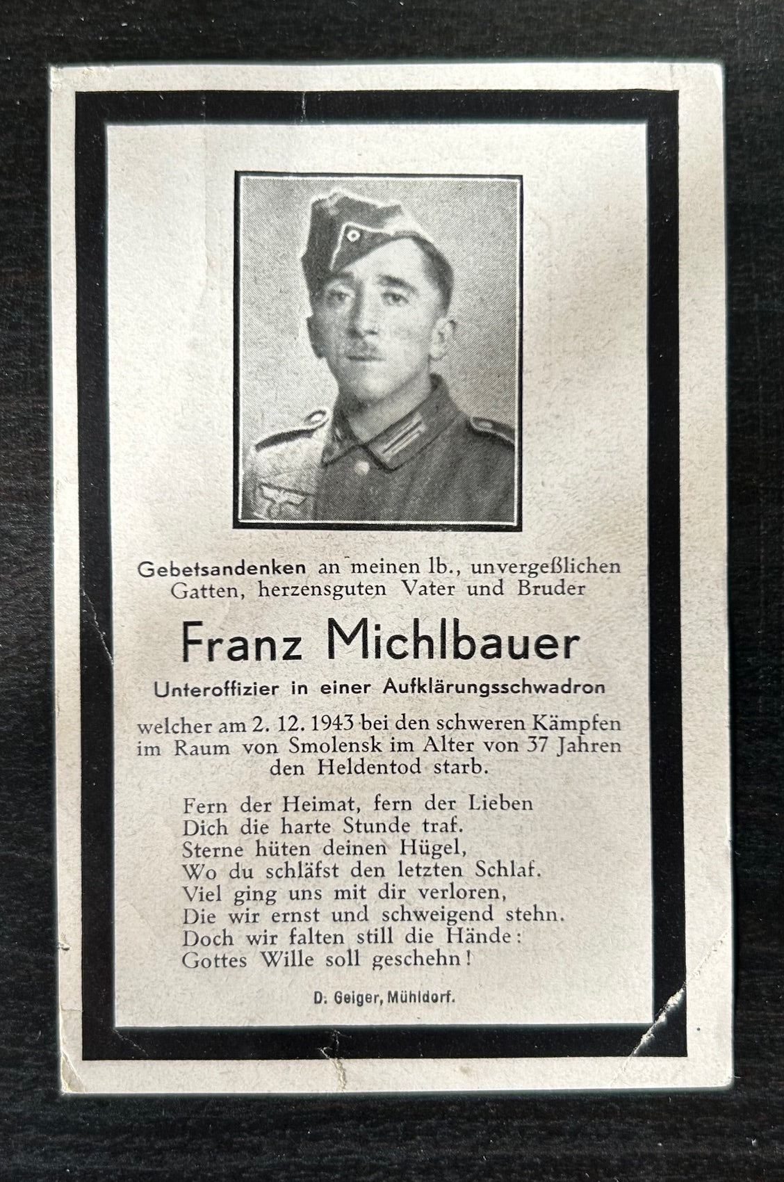 WW2 Death Card - Reconnaissance NCO, KIA Feb 43, Smolensk – ABmilitaria