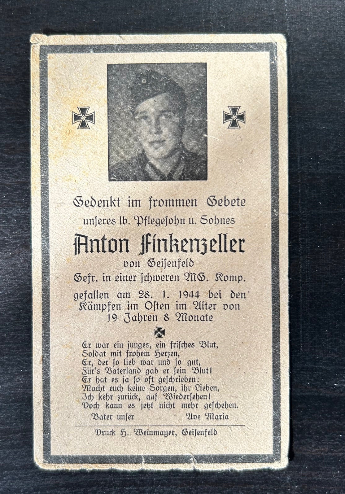 WW2 Death Card - Teen machine gunner, KIA Jan 44 – ABmilitaria