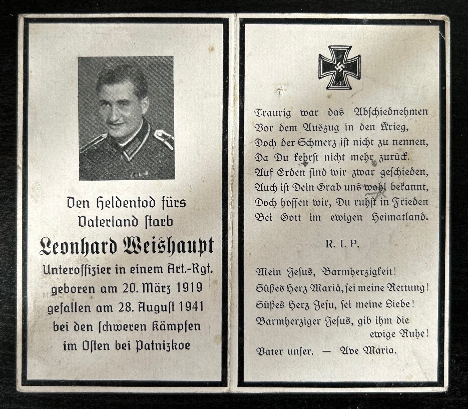 WW2 Death Card - Artillery NCO, KIA Aug 41 – ABmilitaria