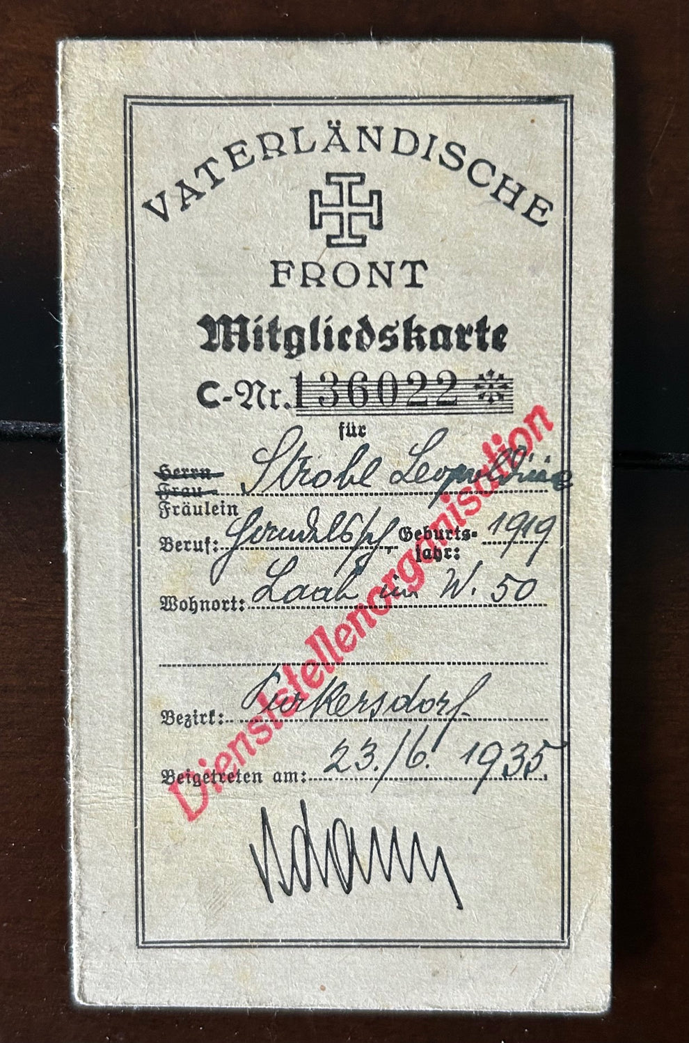 Austrian 1935 Fatherland Front membership card – ABmilitaria