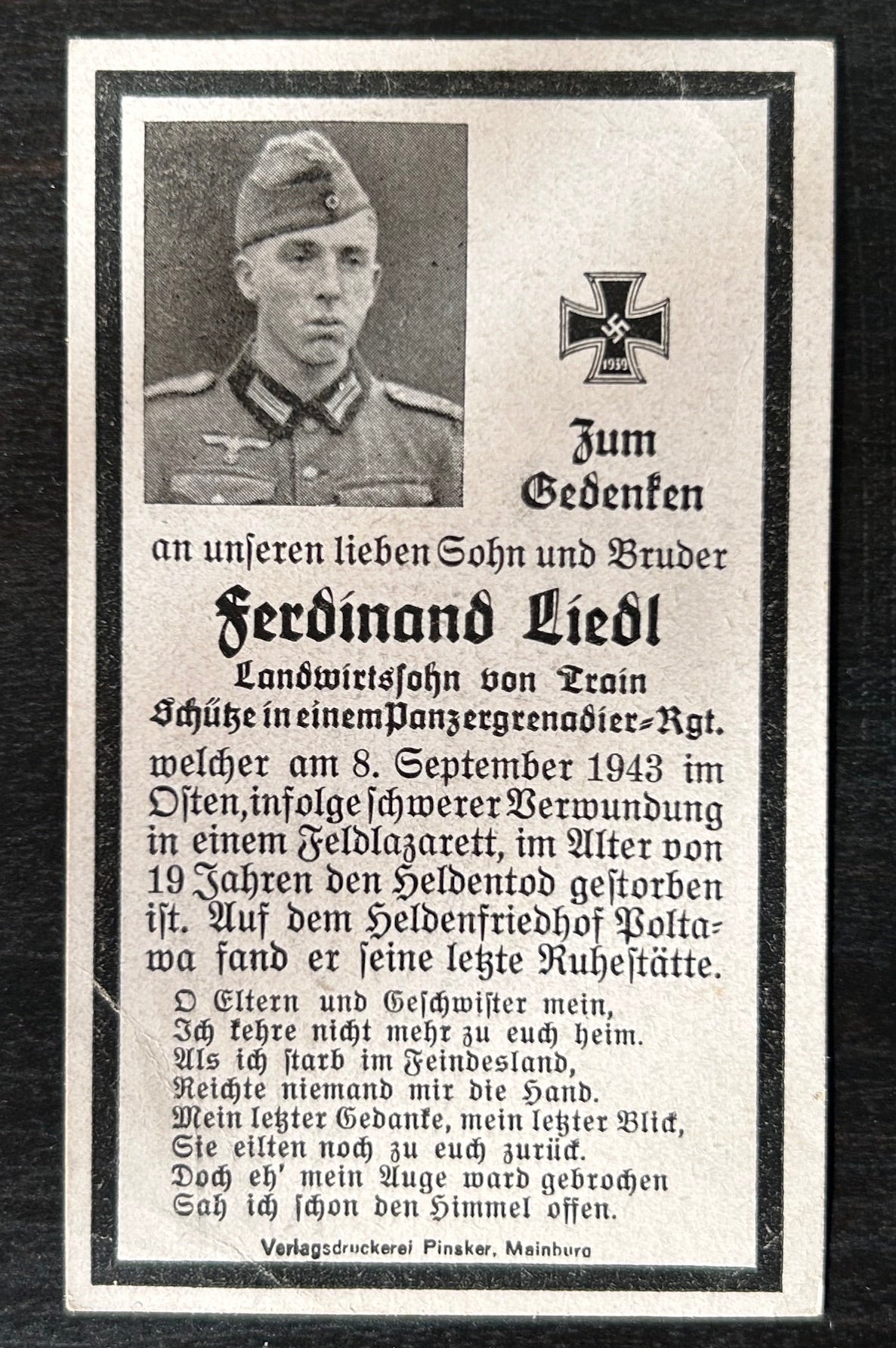 WW2 Death Card - teen Panzergrenadier soldier, KIA Sept 43 – ABmilitaria
