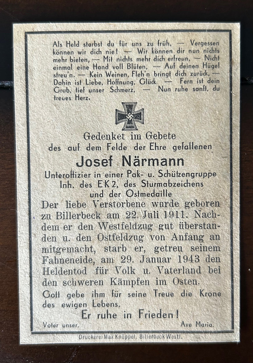 WW2 Death Card - Decorated anti-tank gunner NCO – ABmilitaria