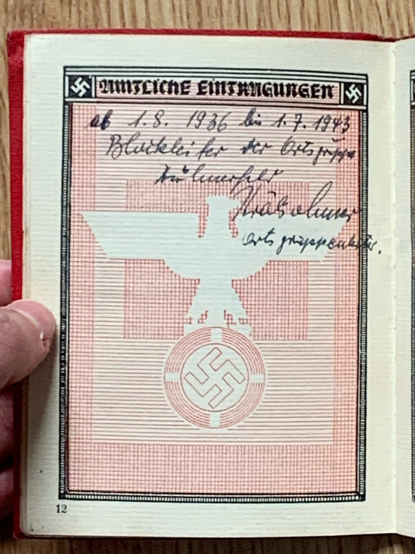 NSDAP membership booklet - Blockleiter official, Rudolf Hess reference ...